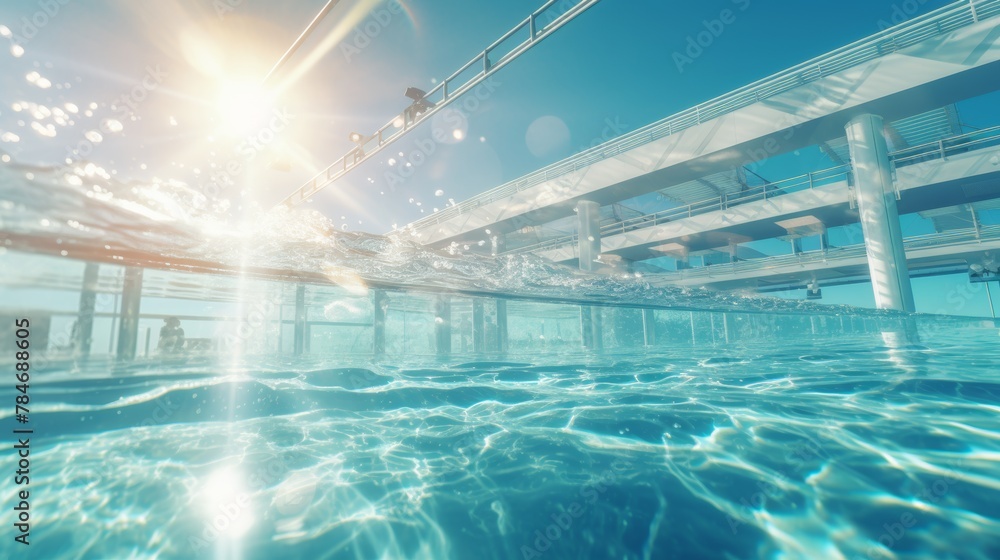 The inviting crystal-clear waters of an Olympic-sized pool shimmer ...