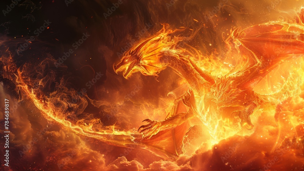 Fierce dragon breathing fire in apocalyptic sky - A dynamic and intense ...