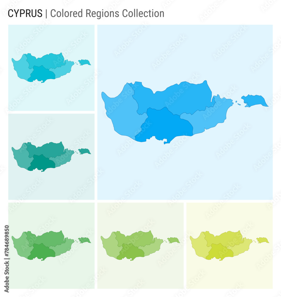 Cyprus map collection. Country shape with colored regions. Light Blue ...