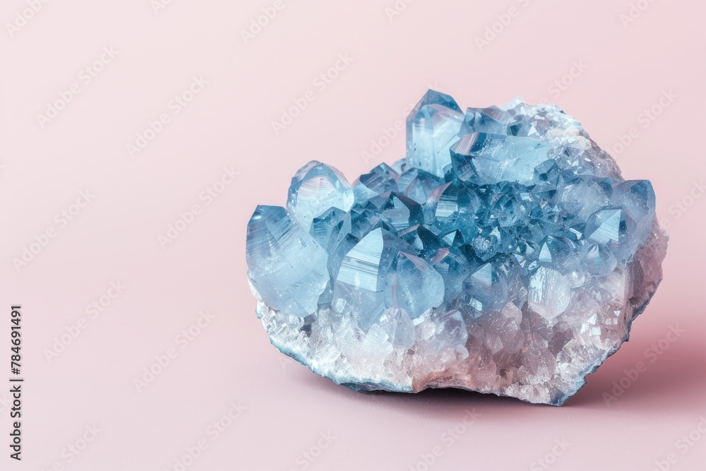 A crystal cluster of light blue geode on a soft pink background ...