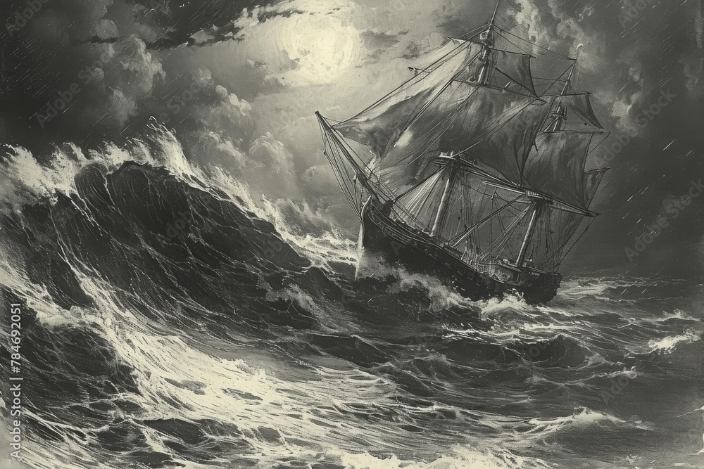 A detailed painting of a ship navigating through powerful waves in a ...