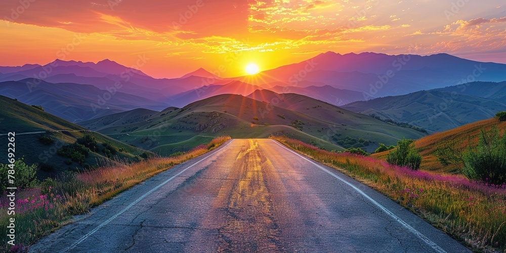 ground-level photograph of the gravel in the highway driving at sunset ...