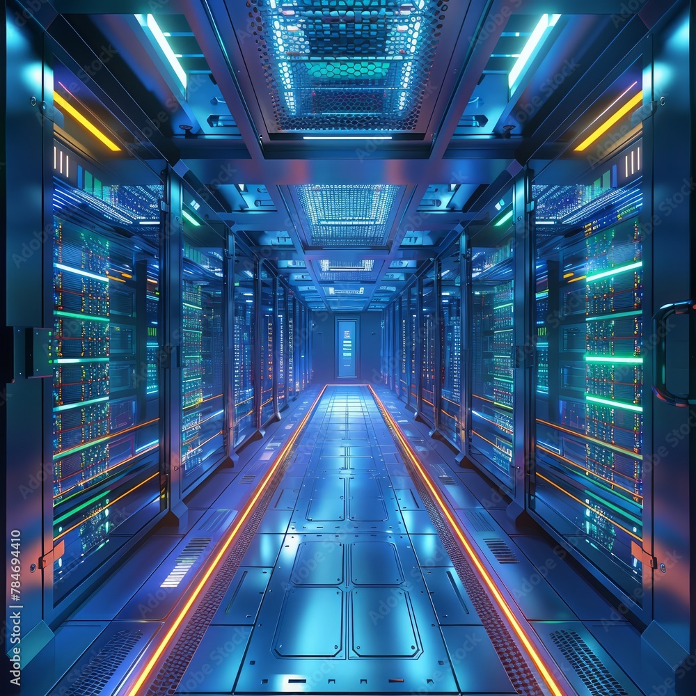 3D rendering of a modern data center room filled with high-tech server racks, blue and green LED ...