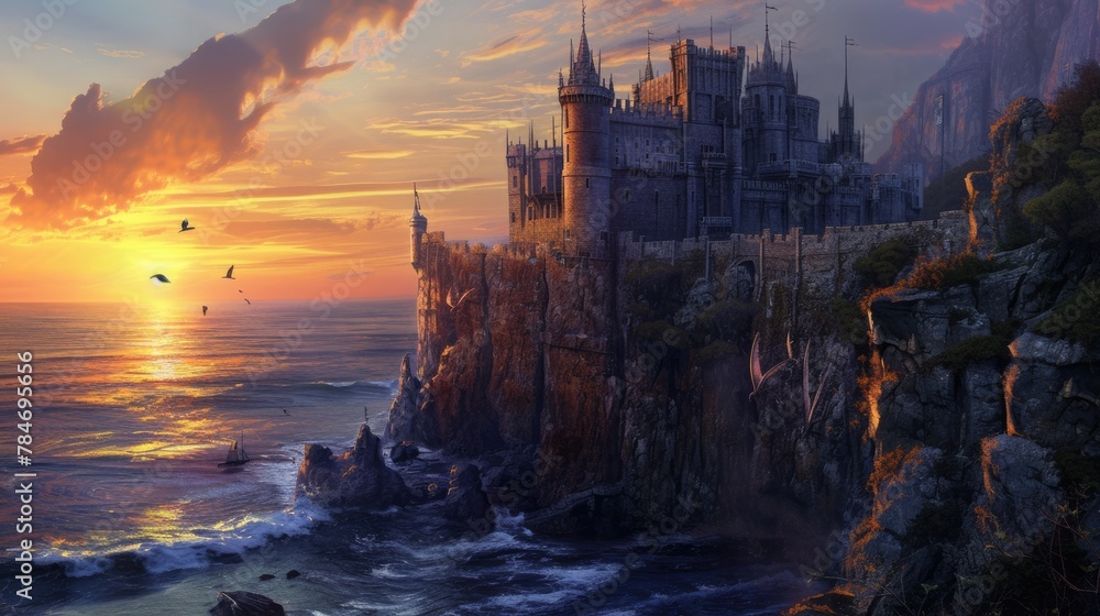 A medieval castle on a cliff overlooking the ocean, with knights and ...