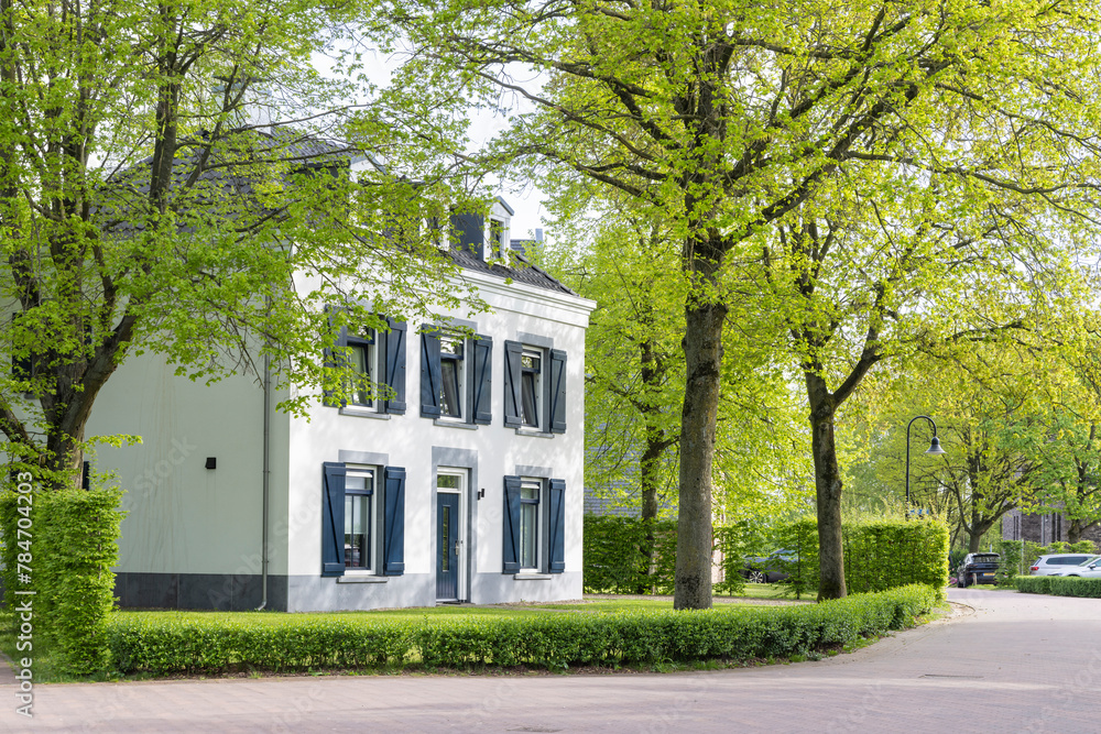 Modern white manor houses in suburban green area Dousberg in Maastricht ...