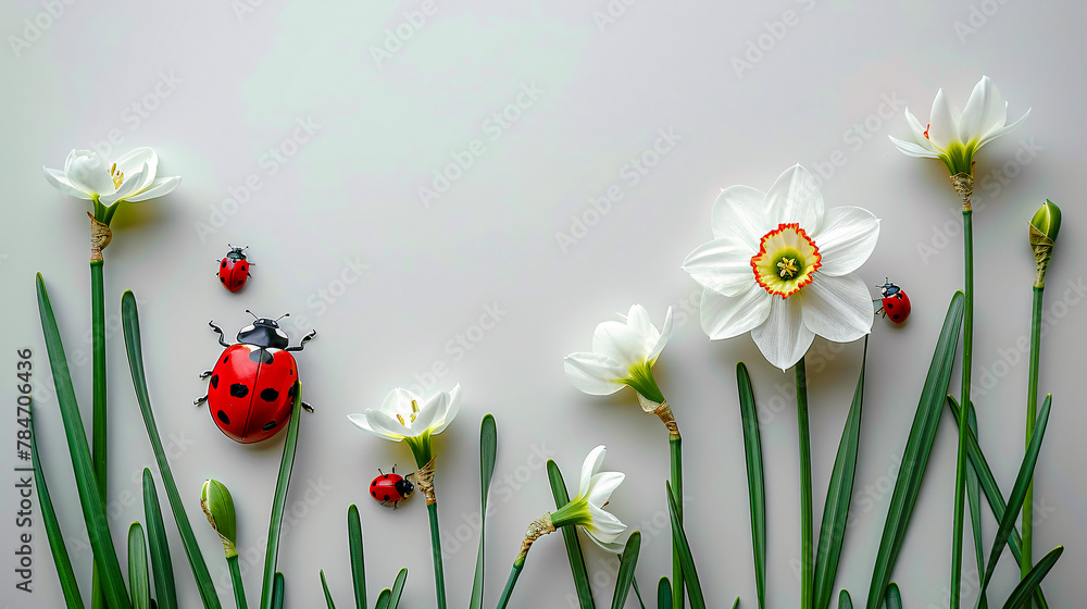 Daffodil and Ladybug Frame Border empty Page white Background Mockup ...
