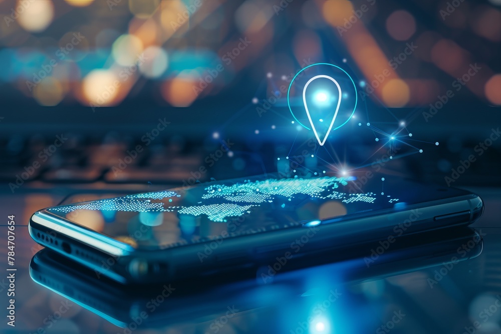 Smartphone on the table with a map of the world and location marker ...