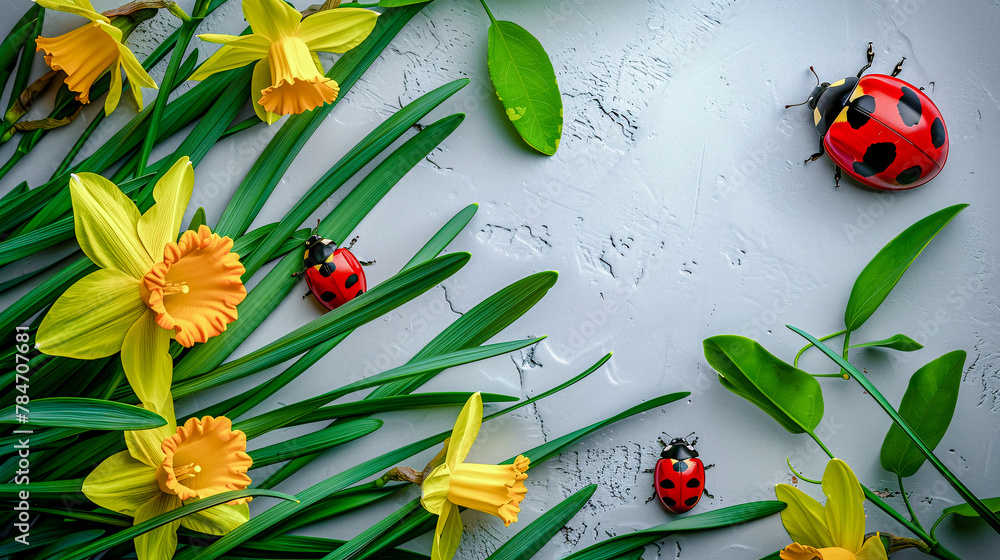Daffodil and Ladybug Frame Border empty Page white Background Mockup ...