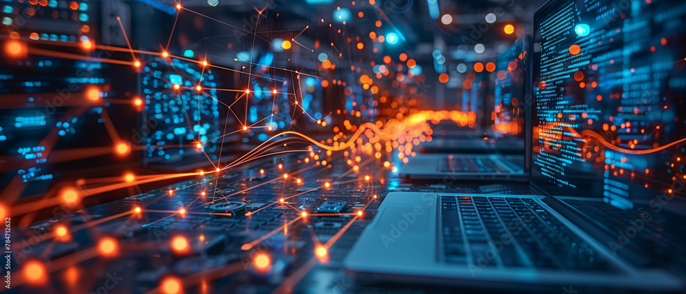 An abstract depiction of data flowing seamlessly between a laptop and a ...