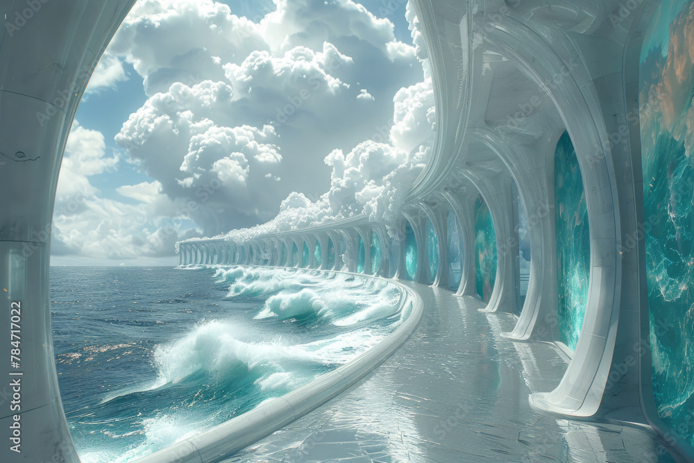 A scenic vista with a seamless fusion of ocean waves and architectural ...