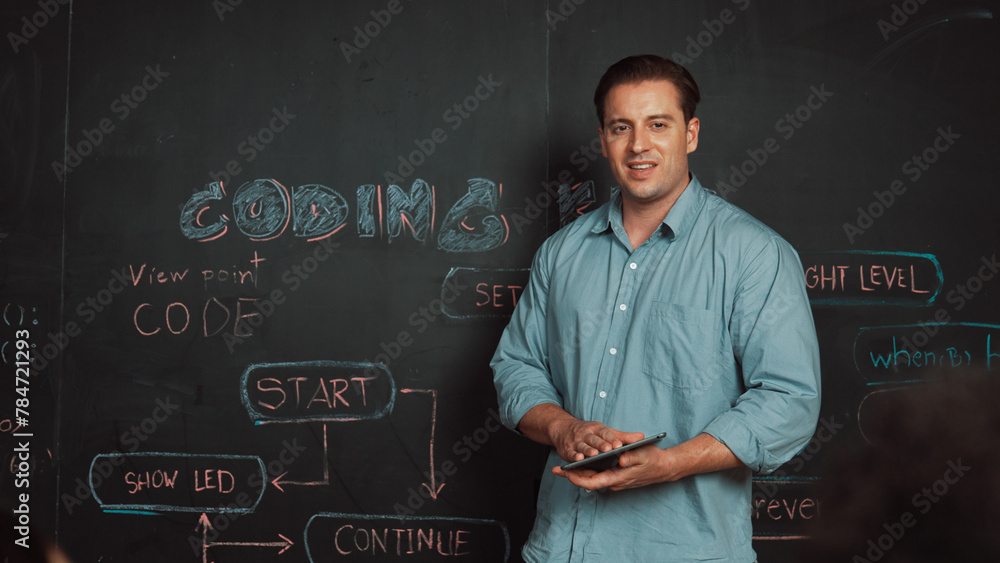 Foto de Professional happy teacher answering student question about ...