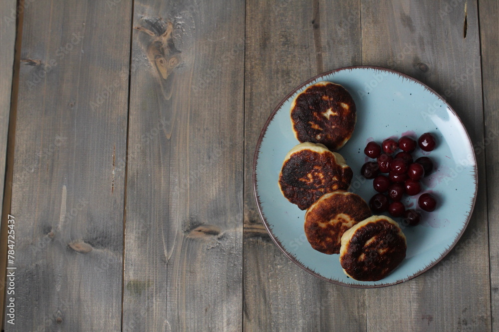 Breakfast on the table on a grey background with space for copy space ...