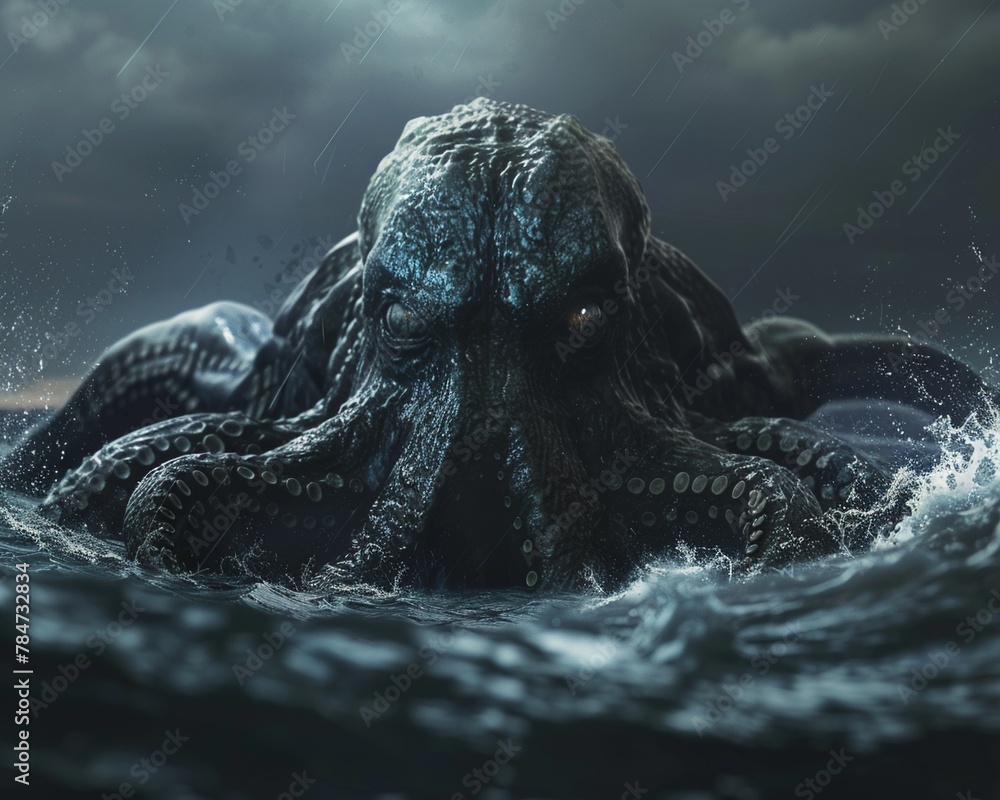 Majestic Cthulhu emerges from the ocean, hyperrealistic textures ...