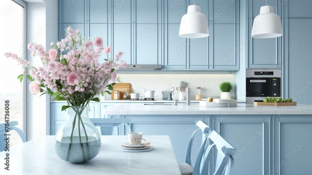 Kitchen in Scandinavian style with island table, blue furniture and ...