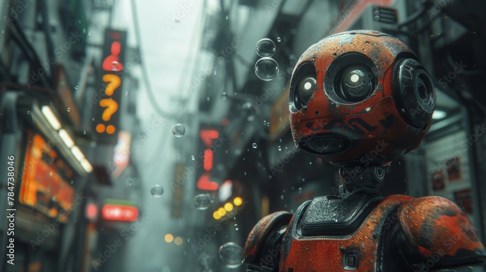 A visually striking image depicting a puzzled robot in a futuristic ...