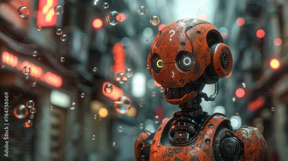 A visually striking image depicting a puzzled robot in a futuristic ...