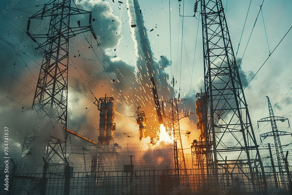 High voltage substation attacked by military air missile, smoke and ...
