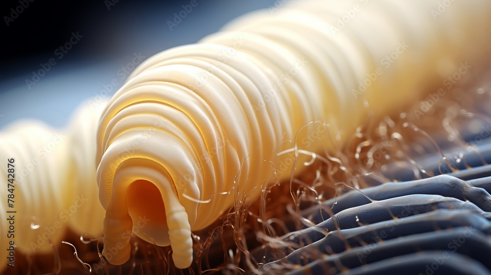 Parasitic worm, beef tapeworm, cestode close up. Macro image of a ...