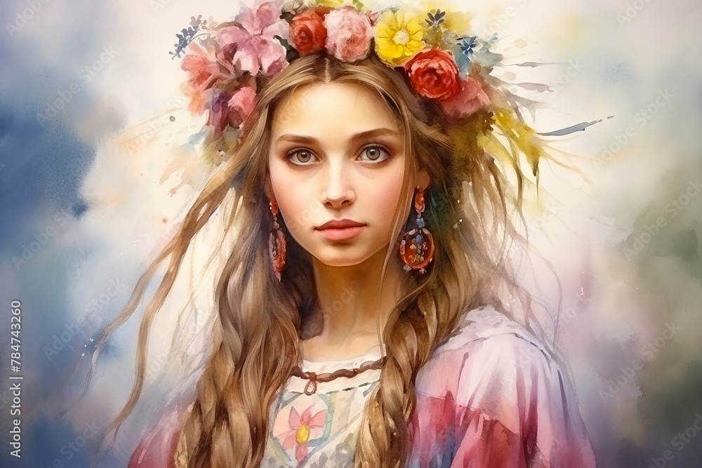 Ukrainian girl adorned with a floral wreath. Young lady in traditional ...