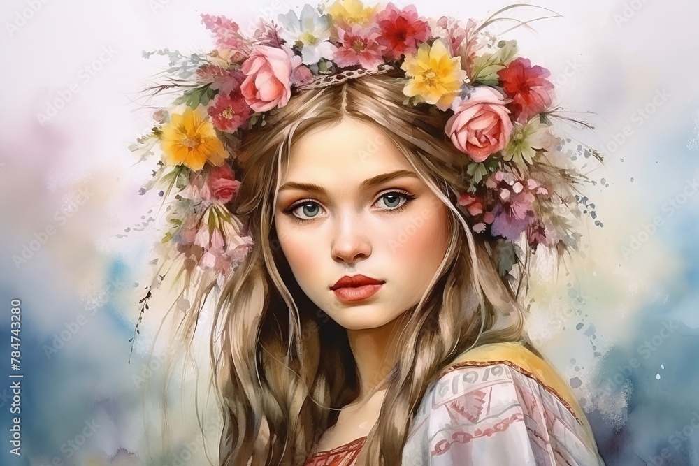 Ukrainian girl adorned with a floral wreath. Young lady in traditional ...