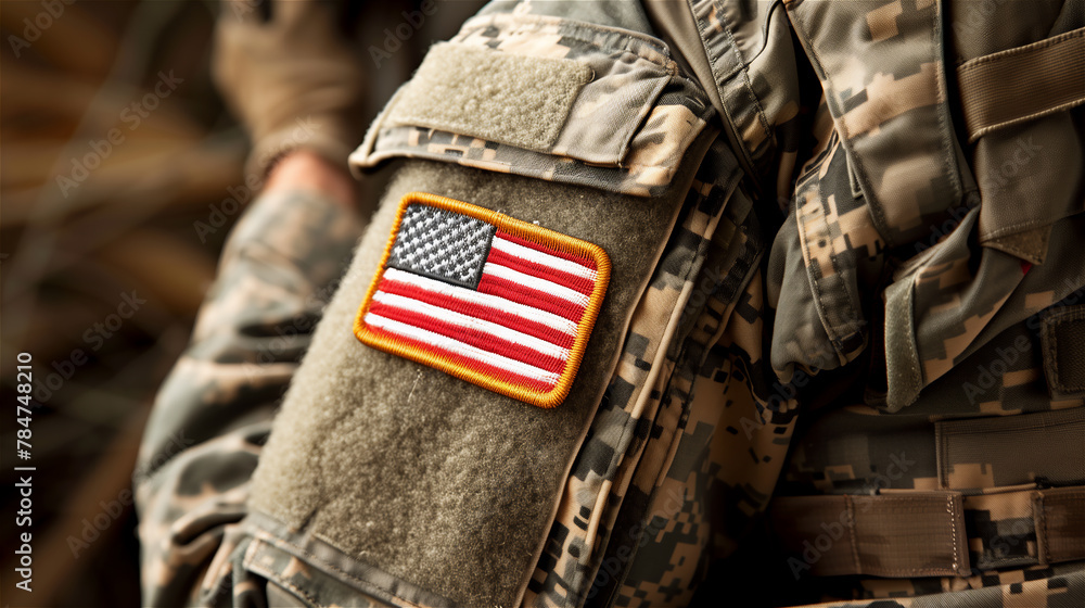Element of a military uniform, visible soldier's arm with the US flag ...
