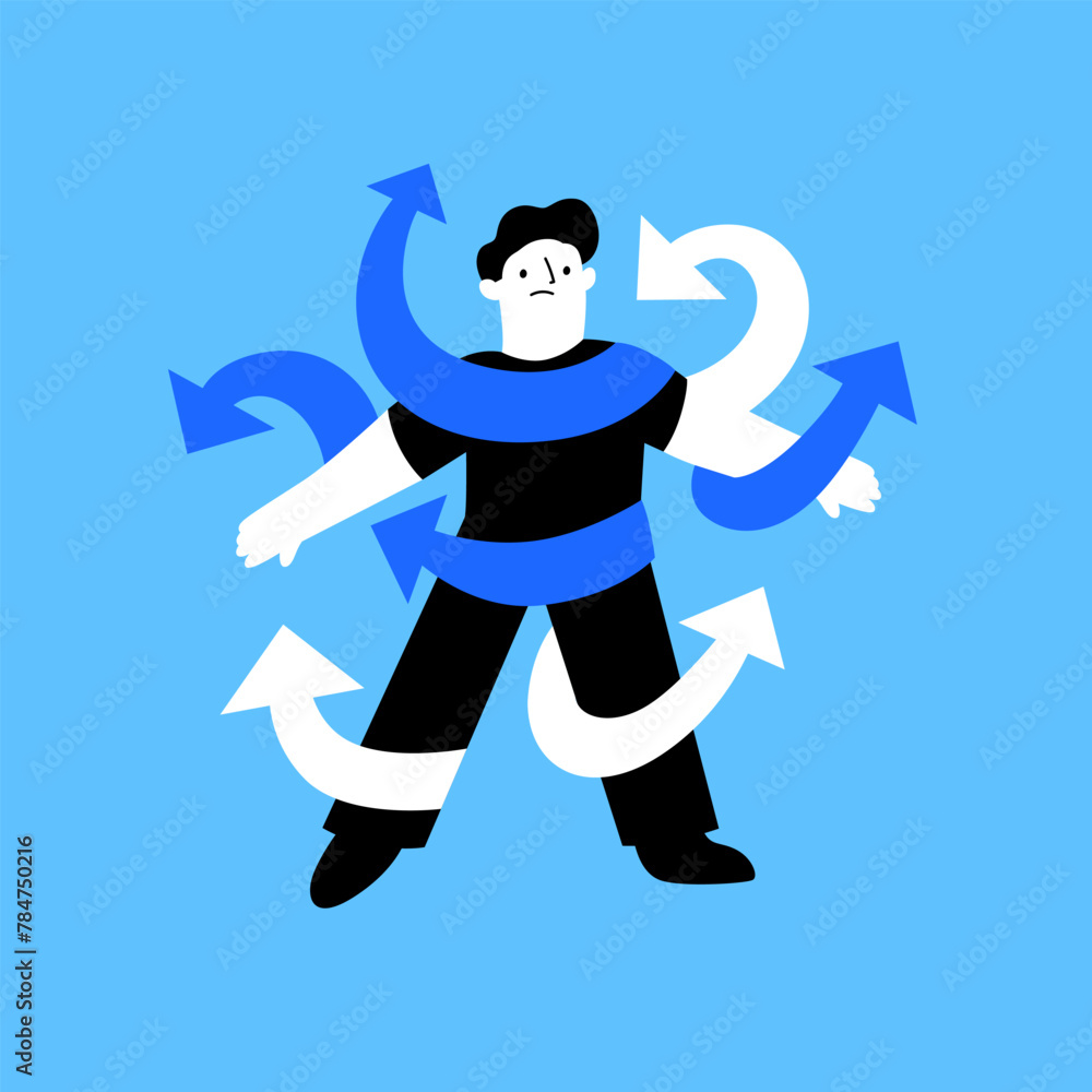 ADHD vector concept with male head in plenty of arrows in doubt. People ...