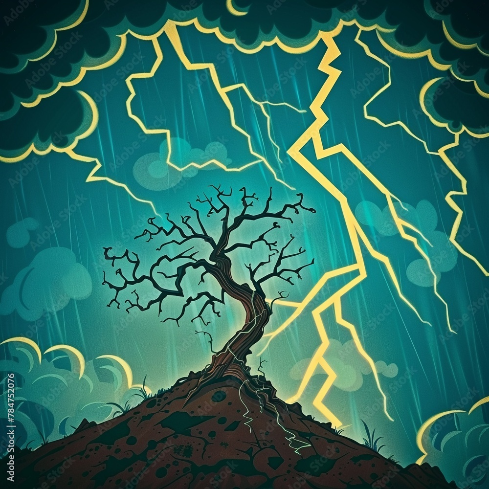 Lightning striking a tree on a lone hill, immediate aftermath of a ...