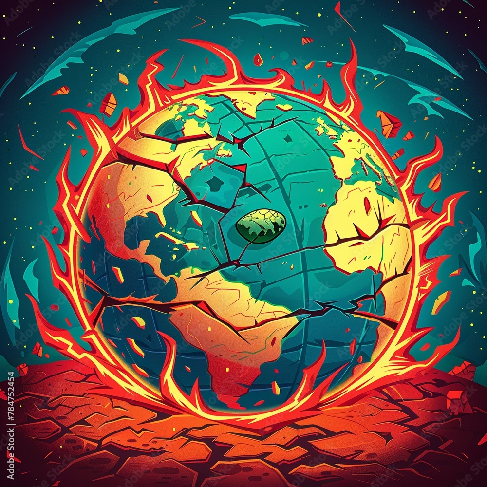 A shattered globe with cracks glowing red, dark cosmic background ...