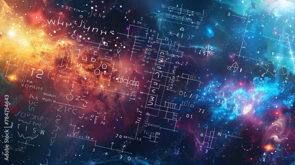Mathematical and physical formulas set against a galaxy background ...