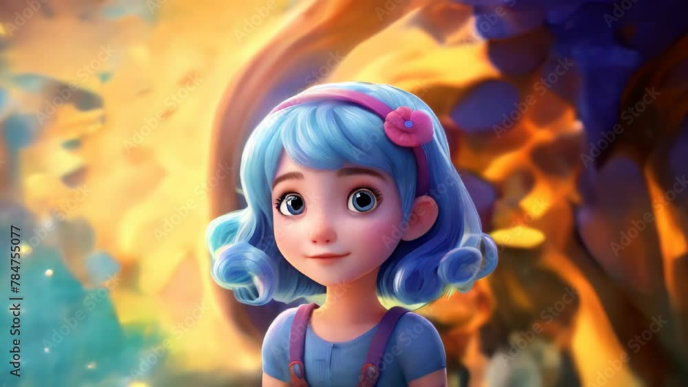 Cartoon blue-haired girl with big blue eyes in fairyland of dreams ...