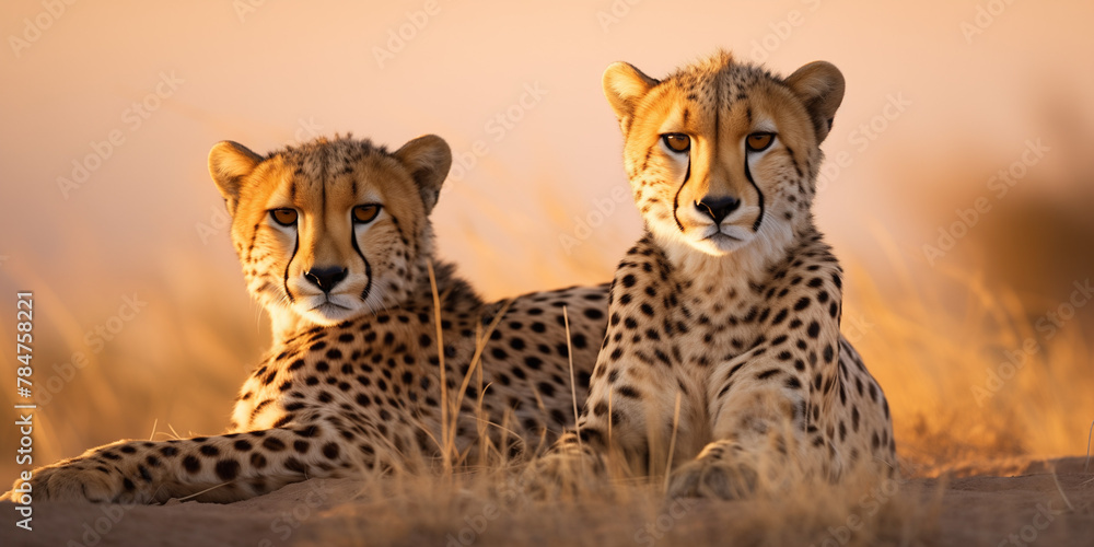 Two cheetahs resting together in the shade, their sleek bodies and ...