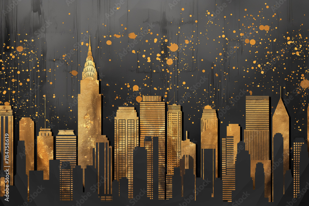Glimmering Gold Cityscape Silhouette Against Dark Background. Elegant ...