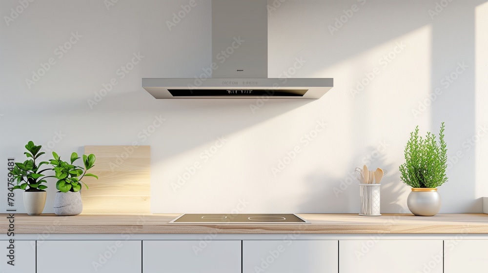 Silver cooker hood in minimal white kitchen interior with plant on ...