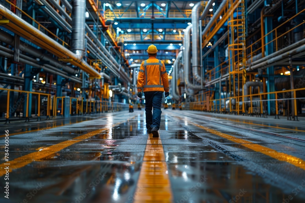 An employee in safety gear walks down the aisle of a brightly lit ...
