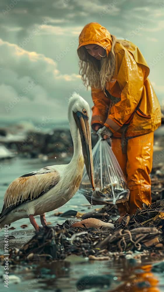 A woman in a yellow raincoat is feeding a pelican. The scene is set in ...