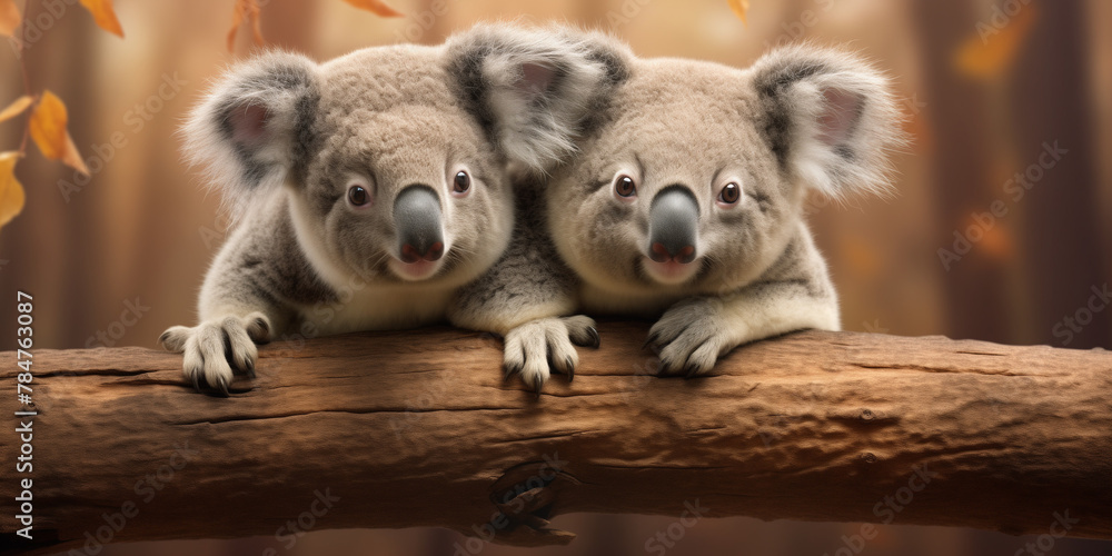 Two koalas nestled together in the crook of a tree, their furry bodies ...