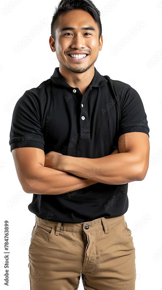 A friendly and handsome Filipino man stretching his arms getting ready ...