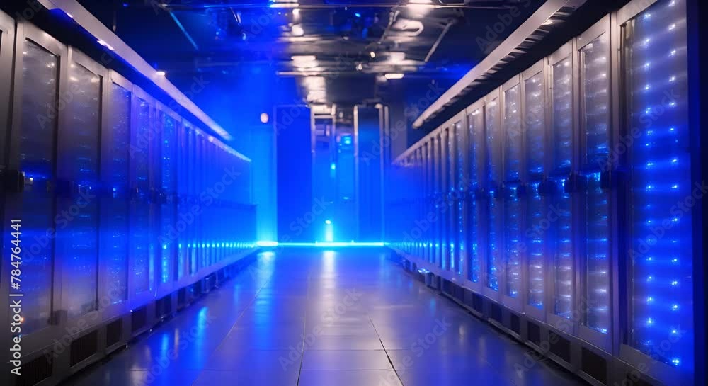 Advanced server room with rows of server racks illuminated by striking ...