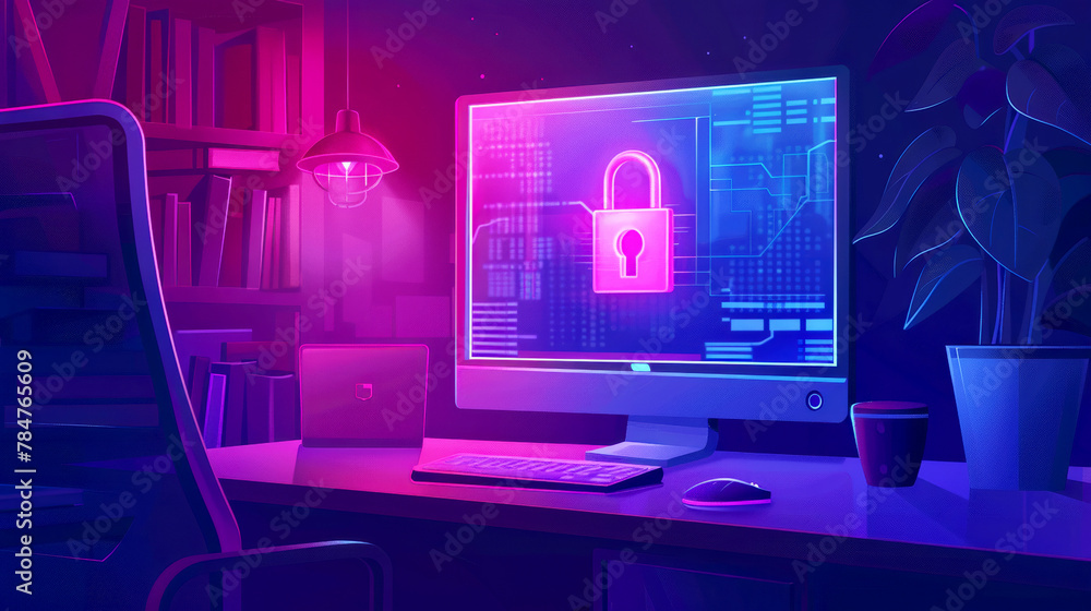 Black background, desktop computer with lock symbol on the screen ...