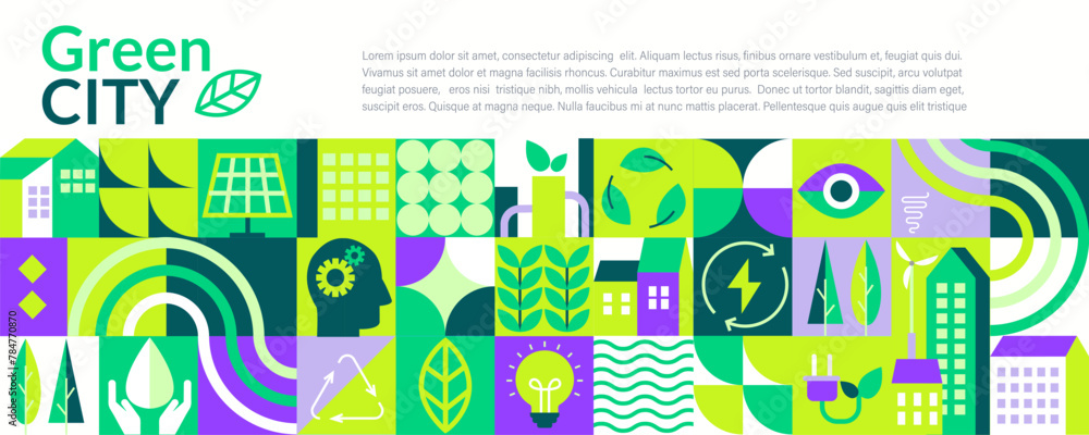 Green city horizontal banner in geometric flat style. Ecology ...