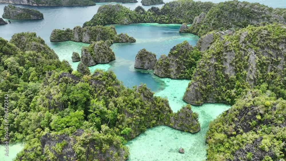 Healthy coral reefs surround rugged islands rising from Raja Ampat's ...