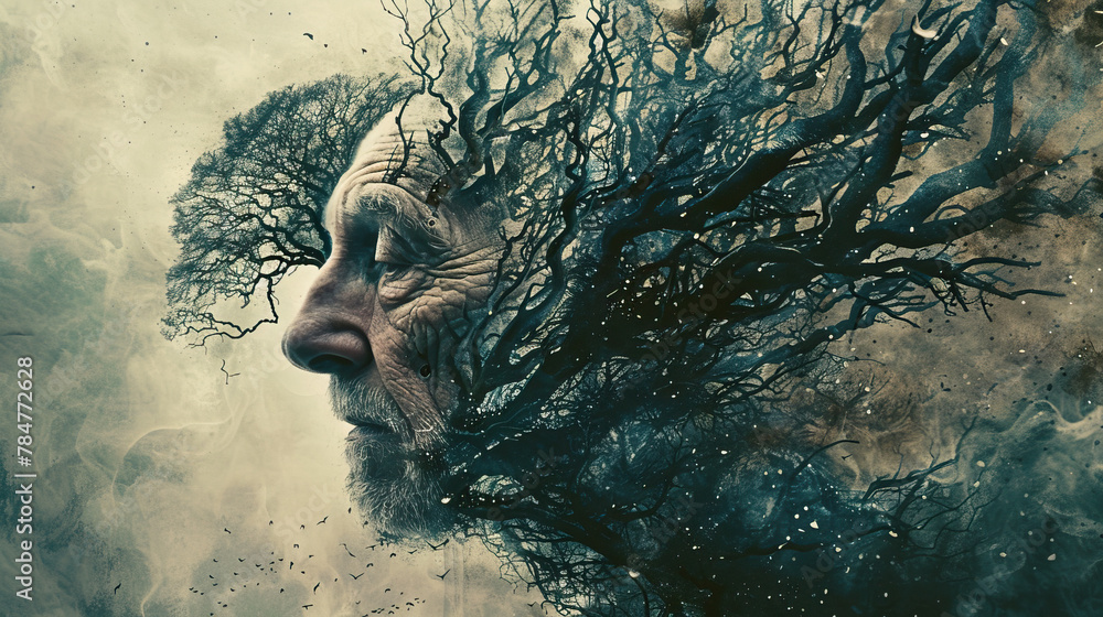 rough textured art of old man tree branches emerging from brain World ...