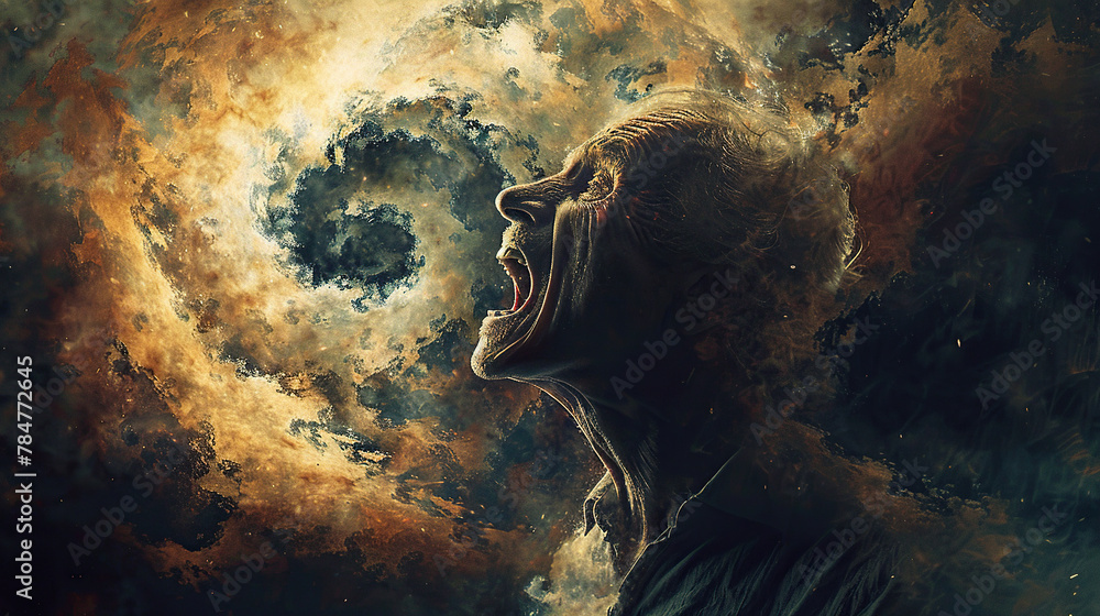 rough textured art of old man screaming with cloudy background World ...