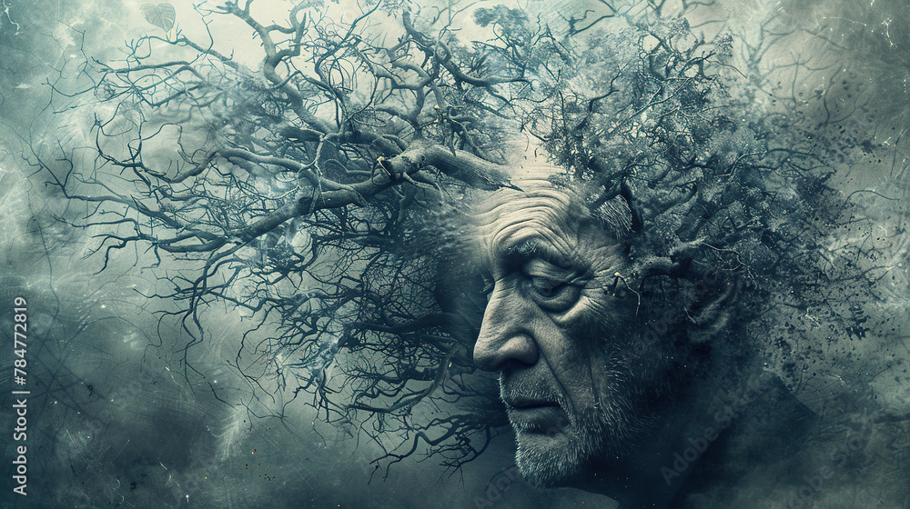 rough textured art of old man tree branches emerging from brain World ...