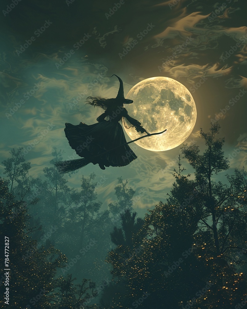 Belles Witch seen flying on her broomstick across a moonlit sky ...