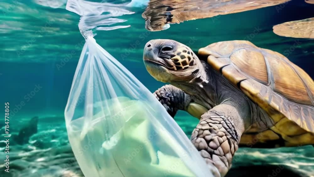 Sea turtle encountering a plastic bag in the ocean. Marine life ...