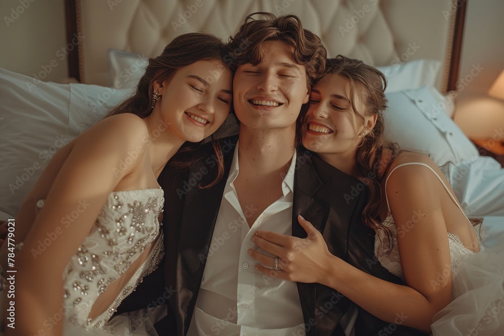 The concept of a threesome. A woman and two men in love. A man in a ...