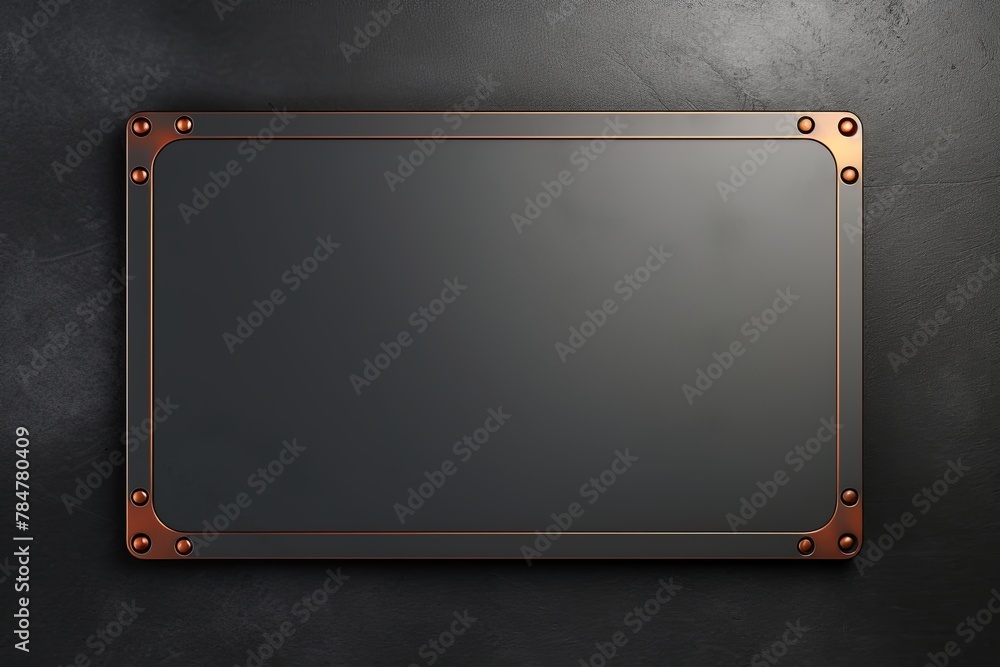 Black large metal plate with rounded corners is mounted on the wall. It ...