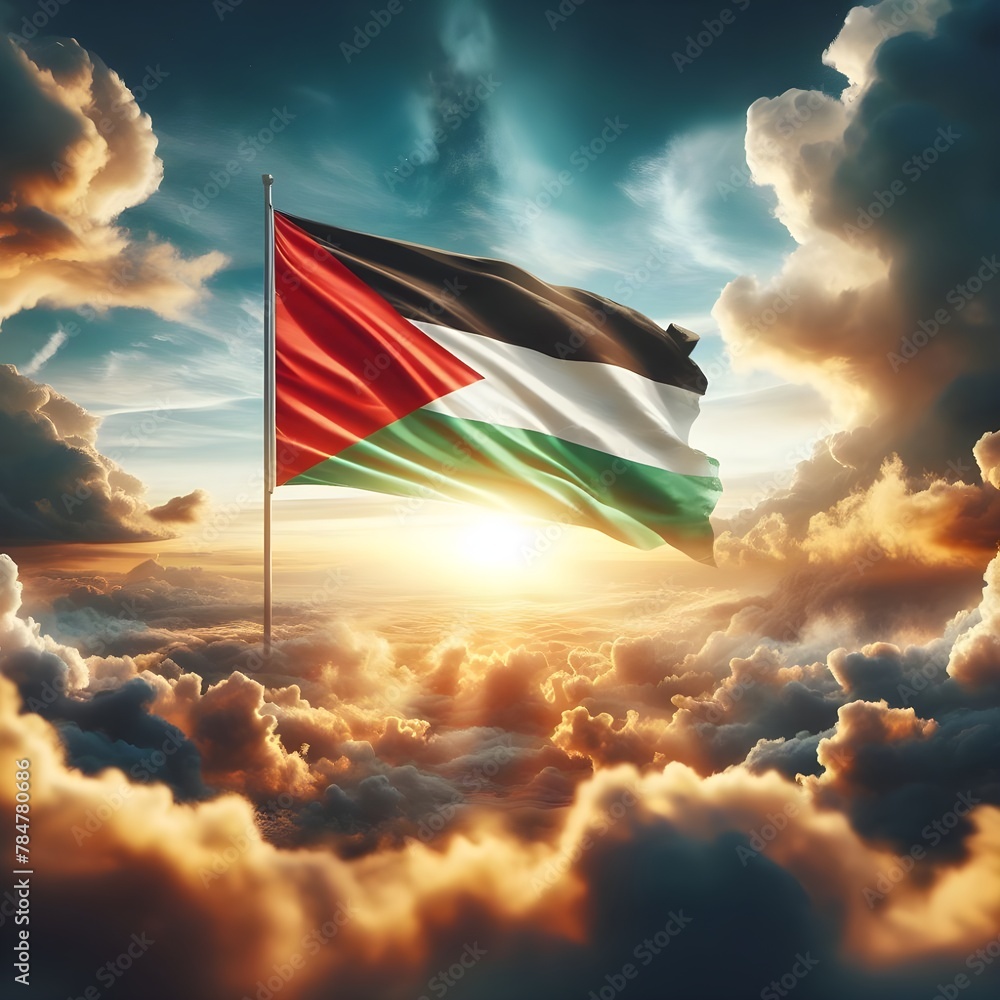 Palestine national flag waving in beautiful sky and clouds, free ...