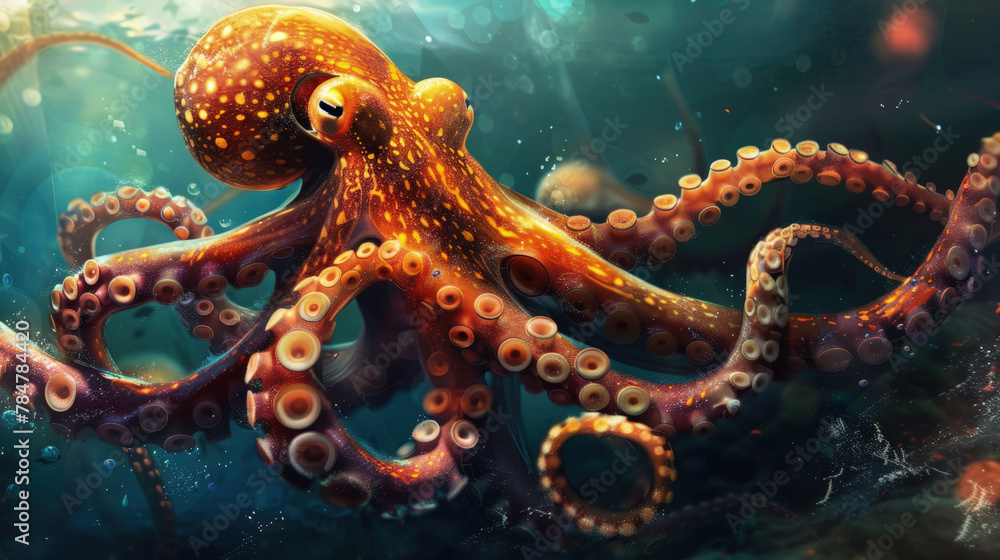 A octopus gracefully propels itself through the ocean water, its ...